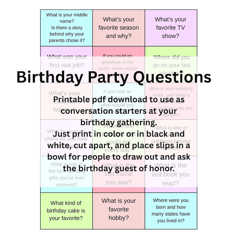 Birthday Party Questions, Printable Birthday Game, Office Gathering ...
