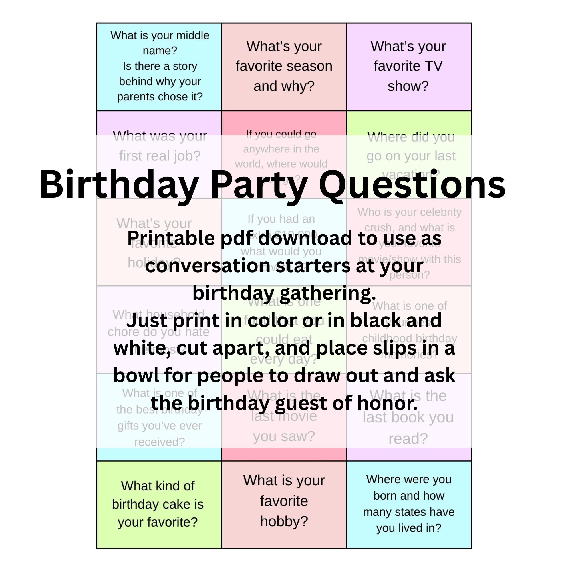 Birthday Party Questions, Printable Birthday Game, Office Gathering ...