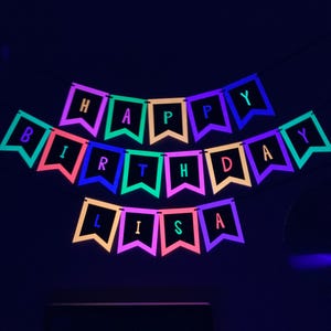 Fluorescent Neon Birthday Banner, Glow Party Sign, Retro 80s Birthday ...