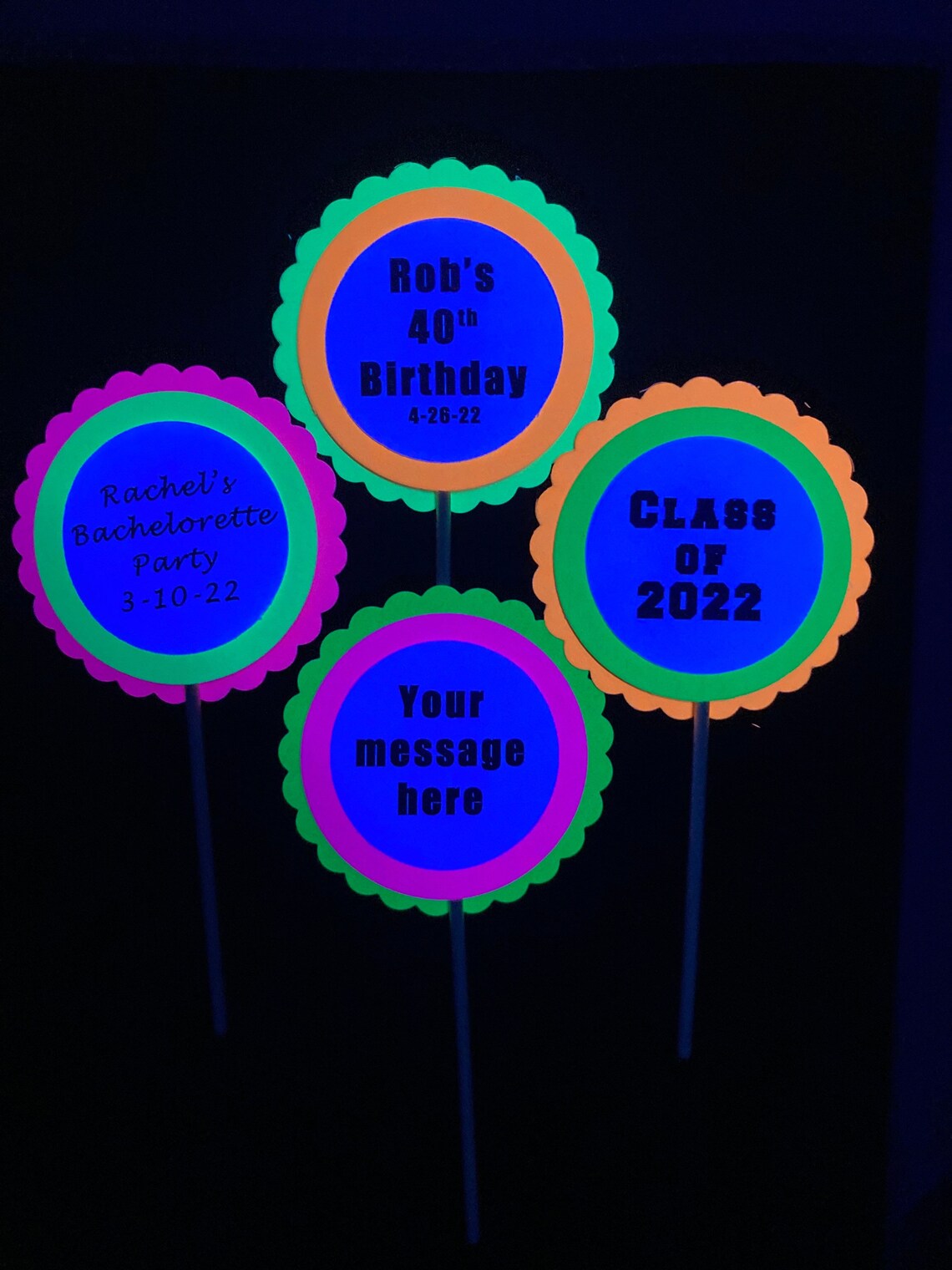 Neon Cupcake Toppers Custom Message Toppers Glow Party Glow | Etsy