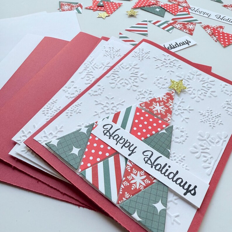 Handmade Christmas Card Kit: Red and Green Quilt Style Tree, DIY Blank ...