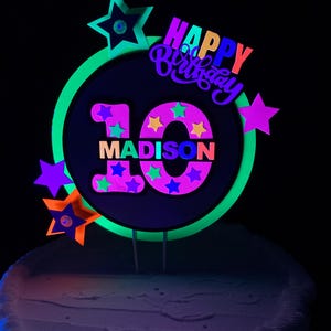 LED Lights Glow Party Neon Birthday Cake Topper, Personalized Age and ...