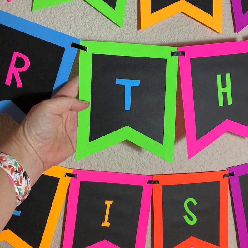 Fluorescent Neon Birthday Banner, Glow Party Sign, Retro 80s Birthday ...