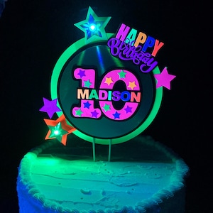 LED Lights Glow Party Neon Birthday Cake Topper, Personalized Age and ...