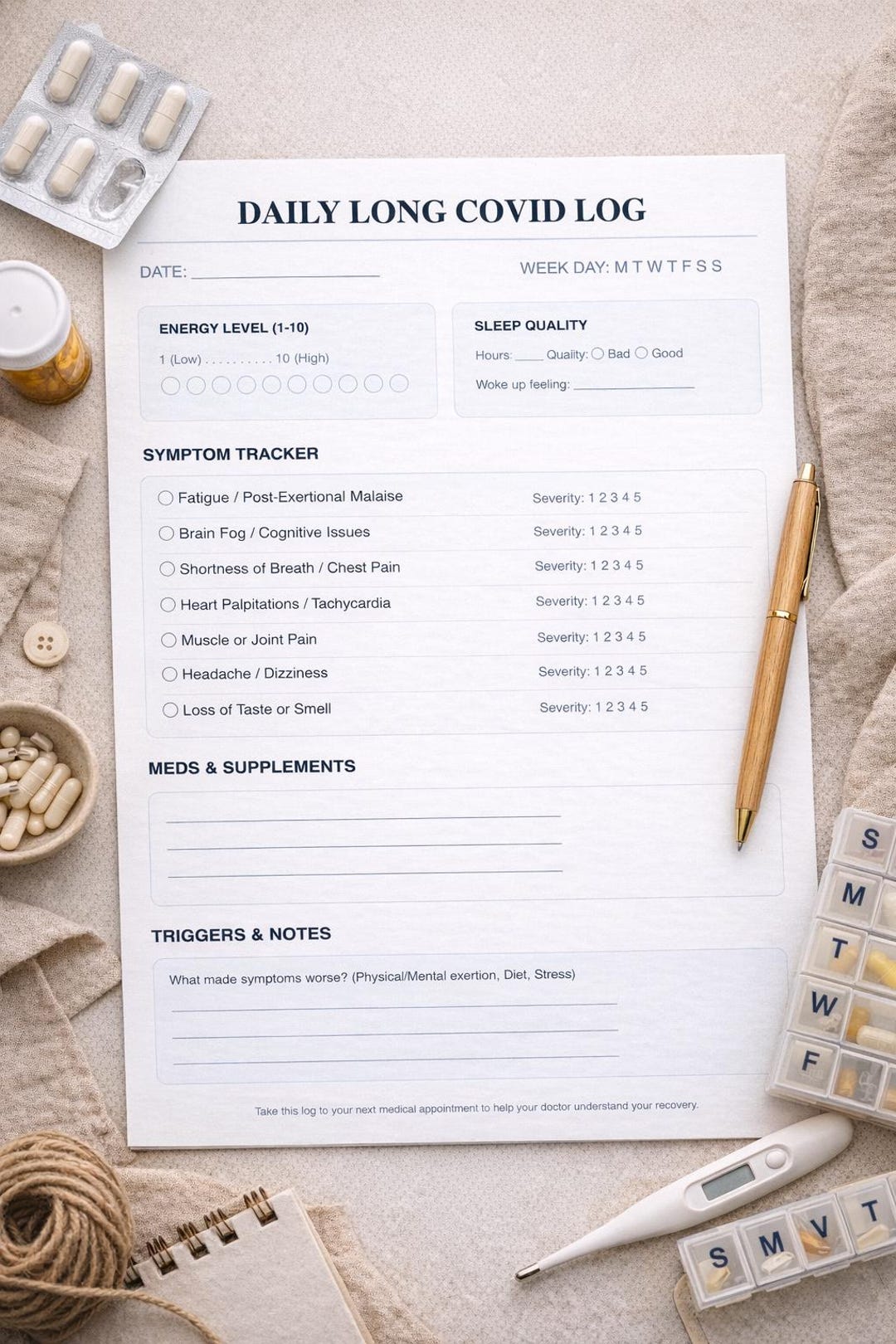 Long Covid Symptom Tracker Printable | Daily Health Recovery Log ...