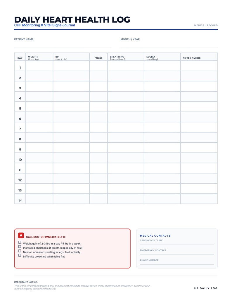 Heart Failure Daily Tracker Printable, Congestive Heart Failure Weight ...