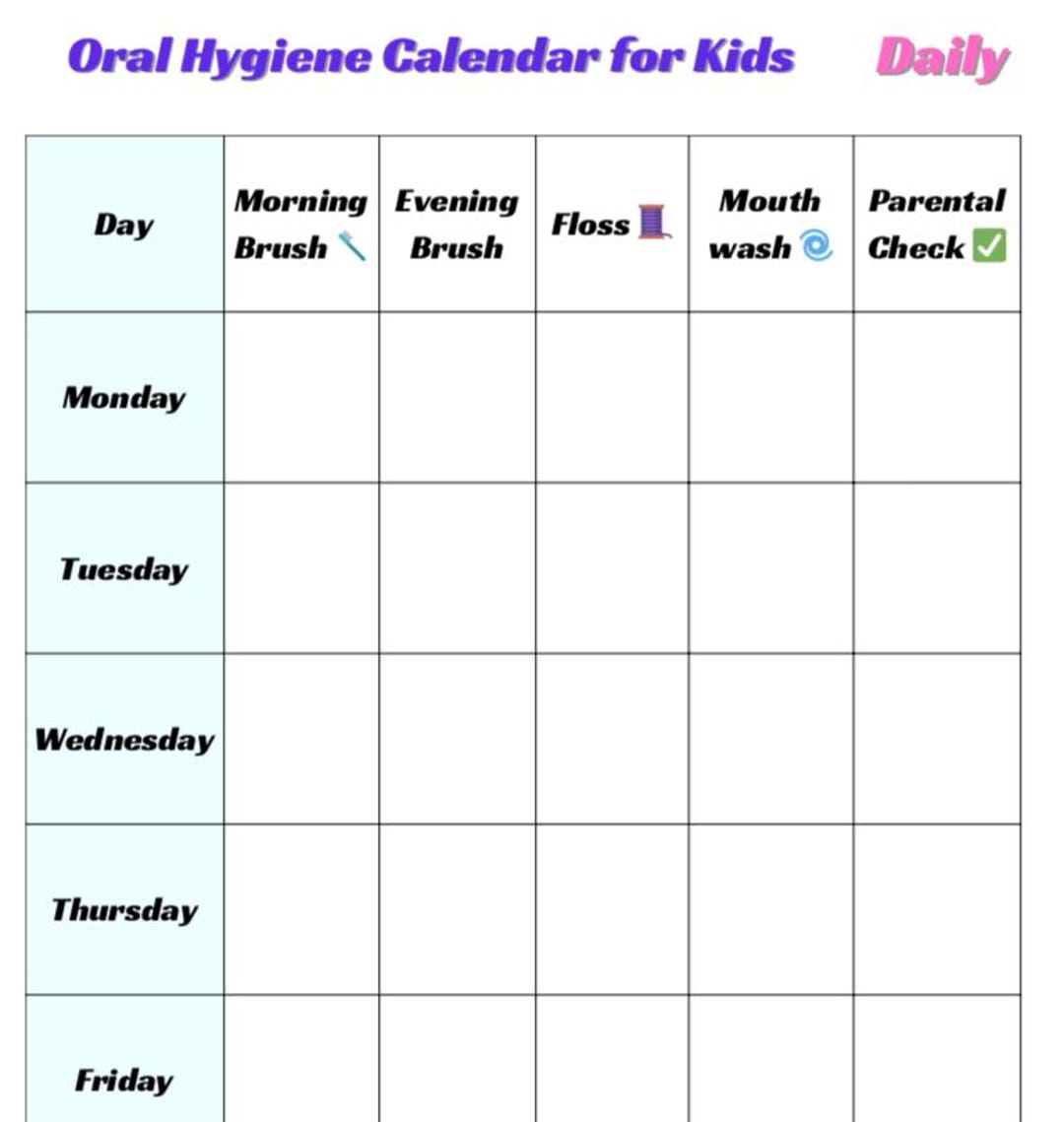 Oral Hygiene Calendar for Kids - Etsy