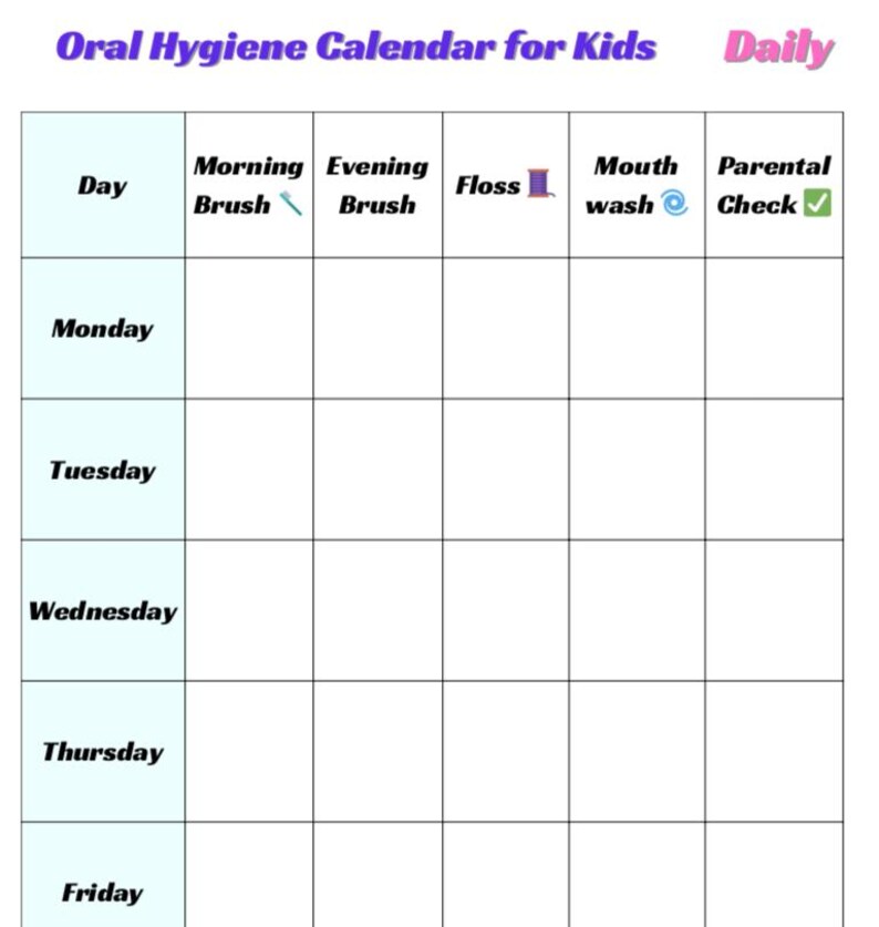 Oral Hygiene Calendar for Kids - Etsy