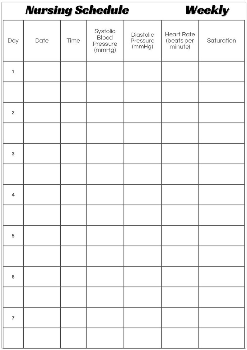 Nursing Schedule Blood Pressure Log Patient Monitoring Sheet Vital ...
