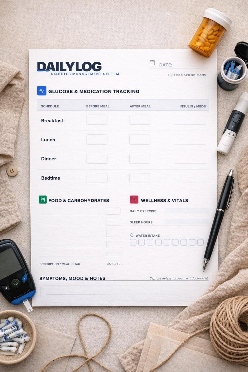 Daily Diabetes Log Printable, Blood Sugar Tracker, Glucose Monitoring ...