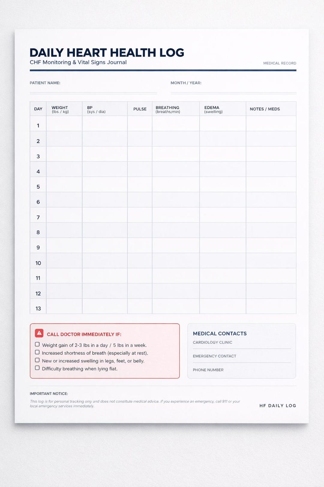 Heart Failure Daily Tracker Printable, Congestive Heart Failure Weight ...
