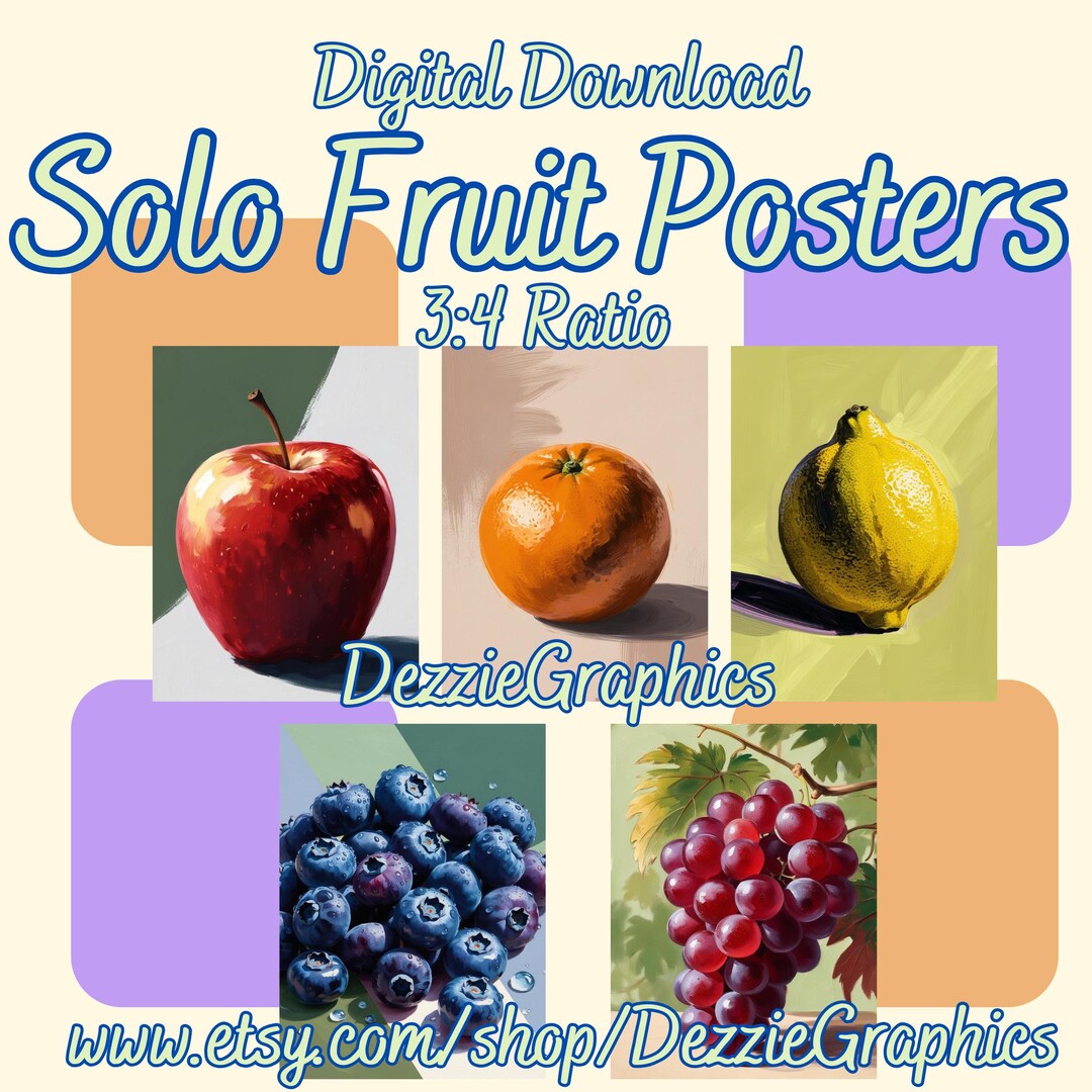 Solo Fruit Posters, Digital Image 5-pack Download - AI GENERATED - 3:4 ...