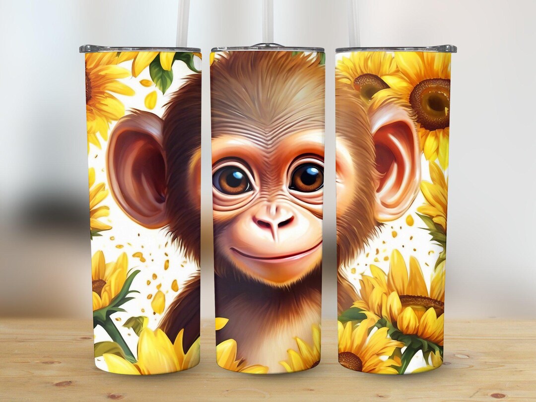 Cute Monkey With Sunflowers Tumbler, Digital Art Tumbler for Kids ...
