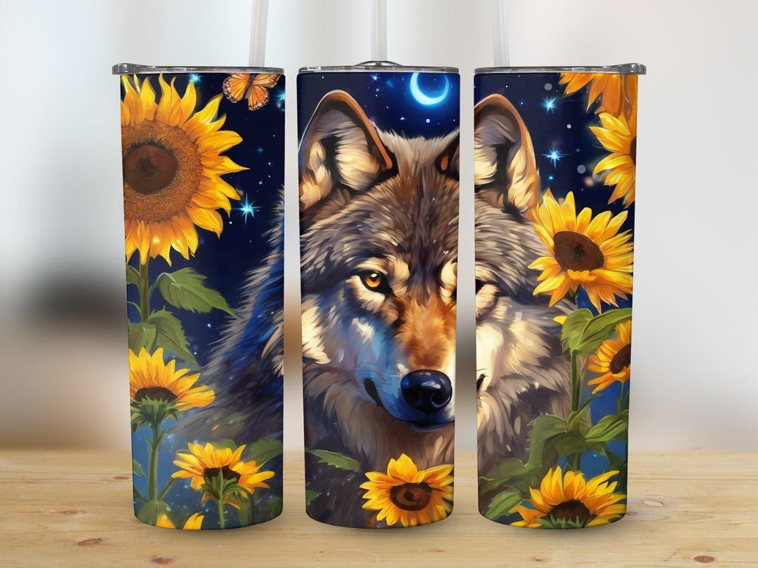 Wolf and Sunflower Tumbler, Wolf Mug With Sunflowers, Night Sky Wolf ...