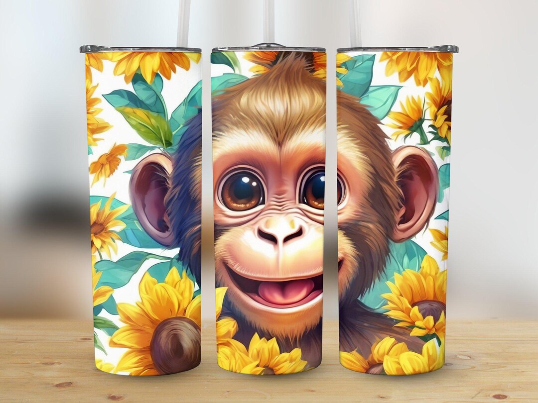 Cute Monkey Sunflower Tumbler, Adorable Animal Design, Eco-friendly ...