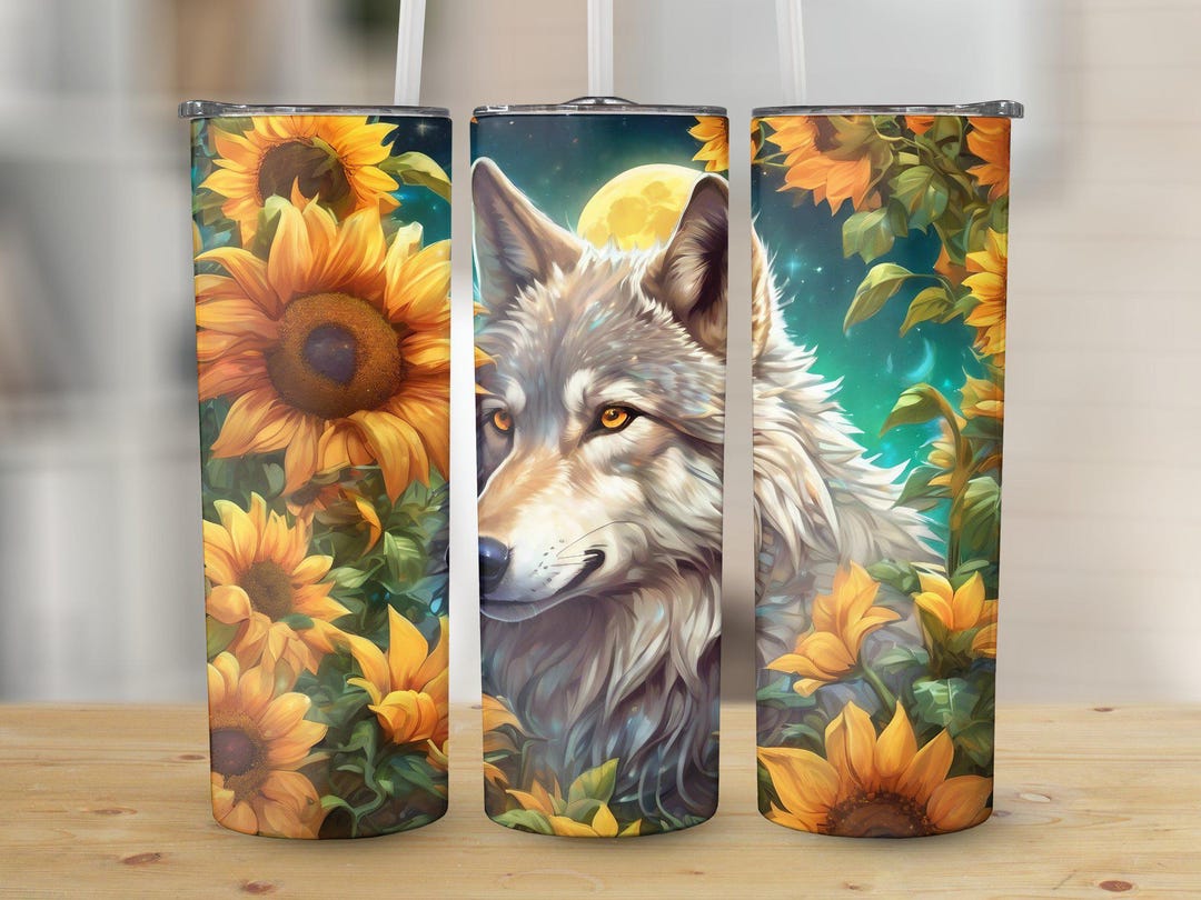 Wolf and Sunflowers Tumbler 20 Oz, Full Wrap Design, Stainless Steel ...