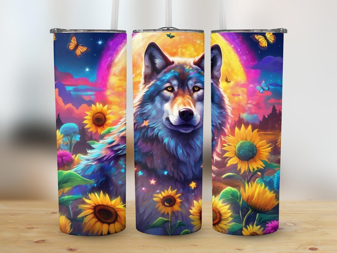 Wolf Sunflower Fantasy Digital Print, Nature Art Wolf and Sunflowers ...