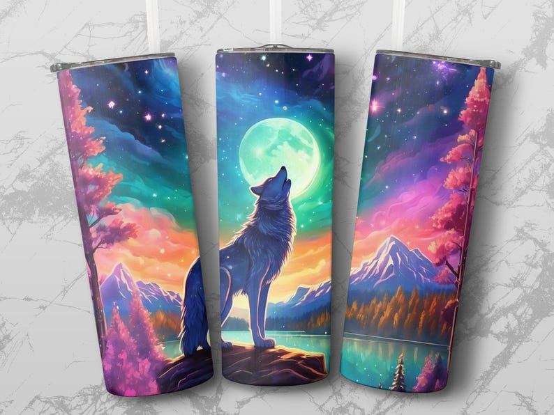 Wolf Moon Tumblers, Wilderness Wolf Wrap, Full Moon Night Sky, Wolf ...