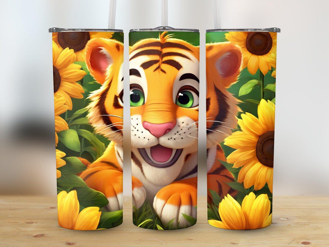 Cute Cartoon Tiger, Sunflower Digital Art, Happy Animal Illustration ...