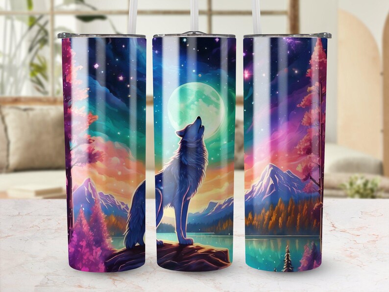 Wolf Moon Tumblers, Wilderness Wolf Wrap, Full Moon Night Sky, Wolf ...