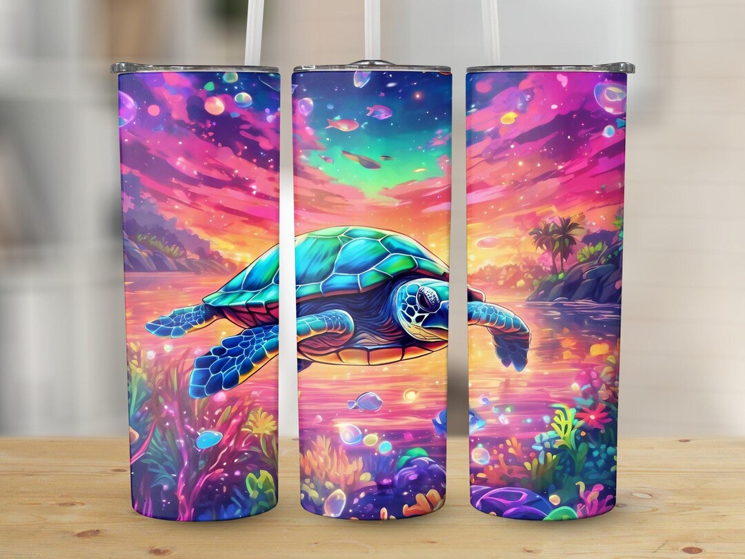 Sea Turtle Sunset Digital Art Print, Beach Theme Wall Decor, Vibrant ...
