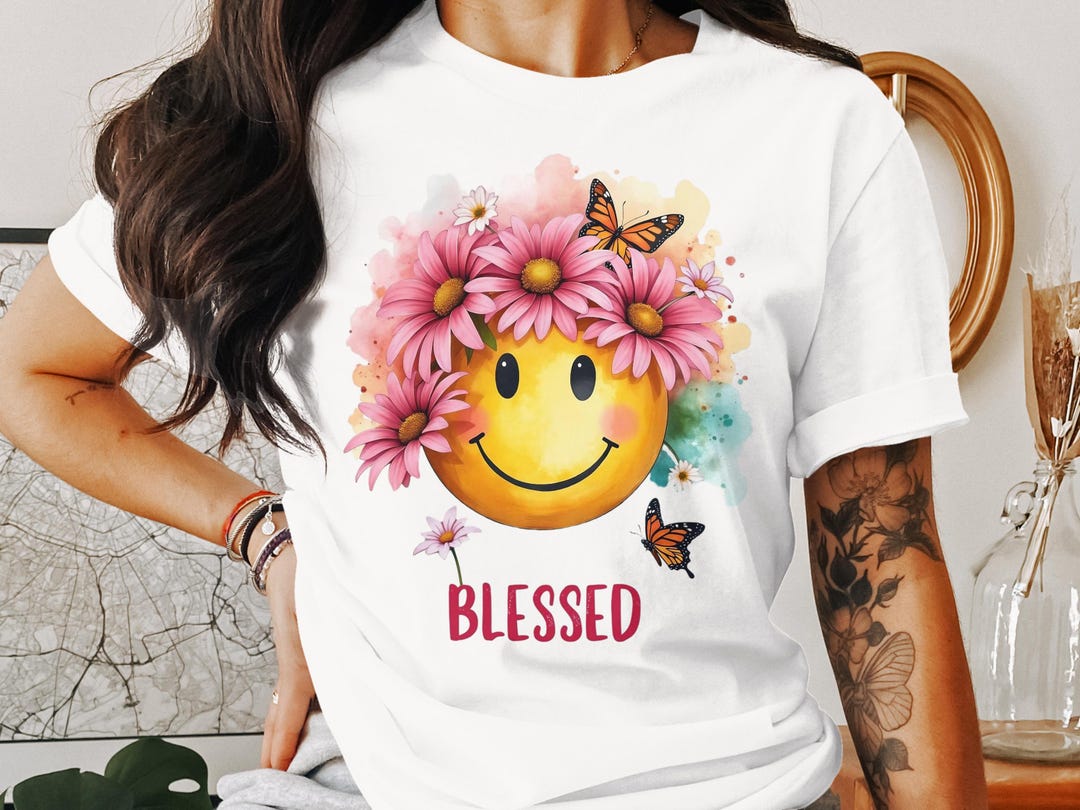 Blessed Smiley Face PNG, Daisy Flowers, Butterfly Shirt PNG, Digital ...