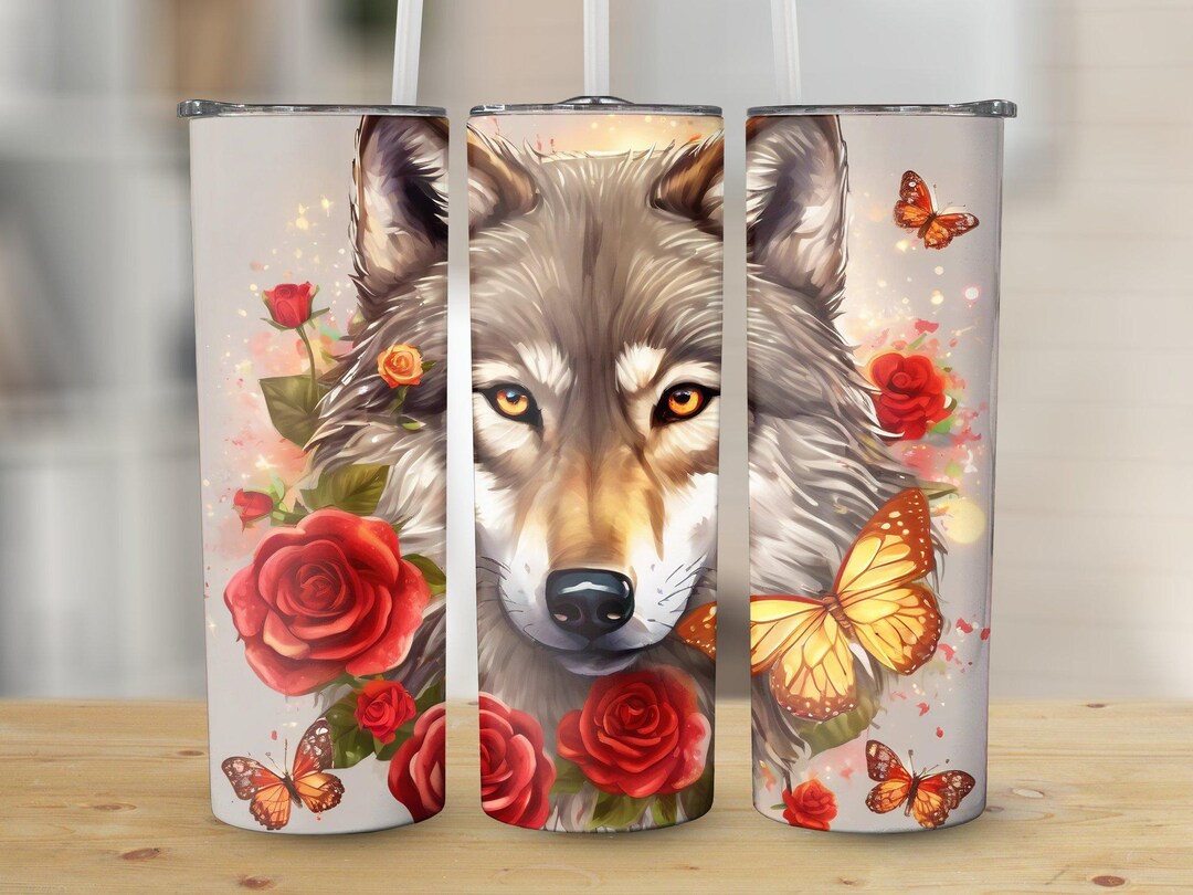 Wolf With Roses and Butterflies Digital Art Print, Wolf Wall Art Decor ...