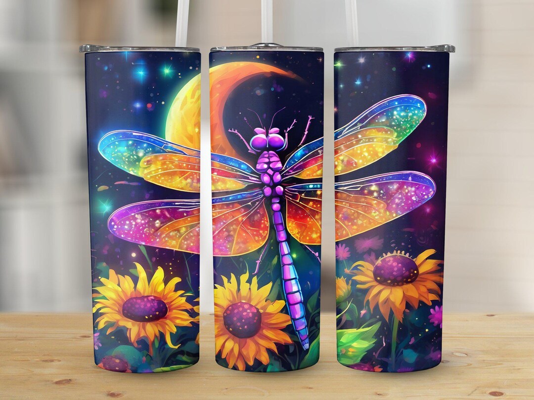 Colorful Dragonfly and Sunflower Digital Art, Vibrant Moon and Nature ...