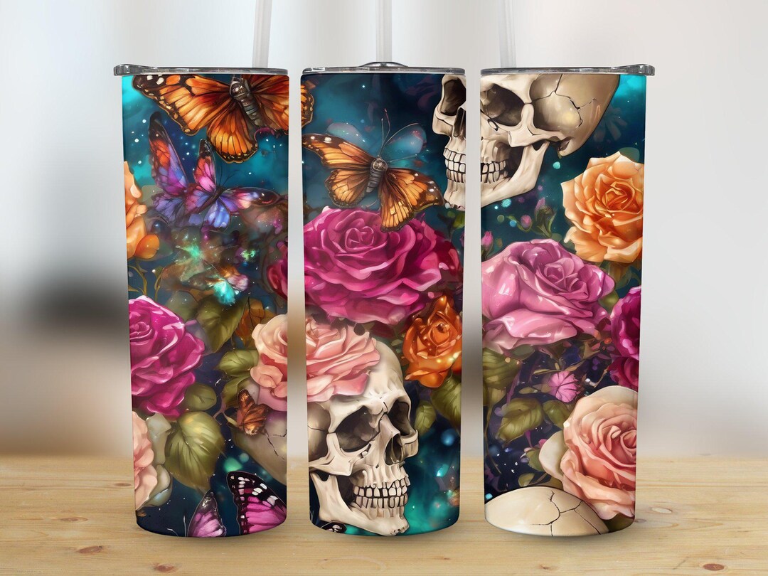 Skull and Butterfly Tumbler, Floral Tumbler, 20oz Skinny Tumbler, Gothic Drinkware, Butterfly ...