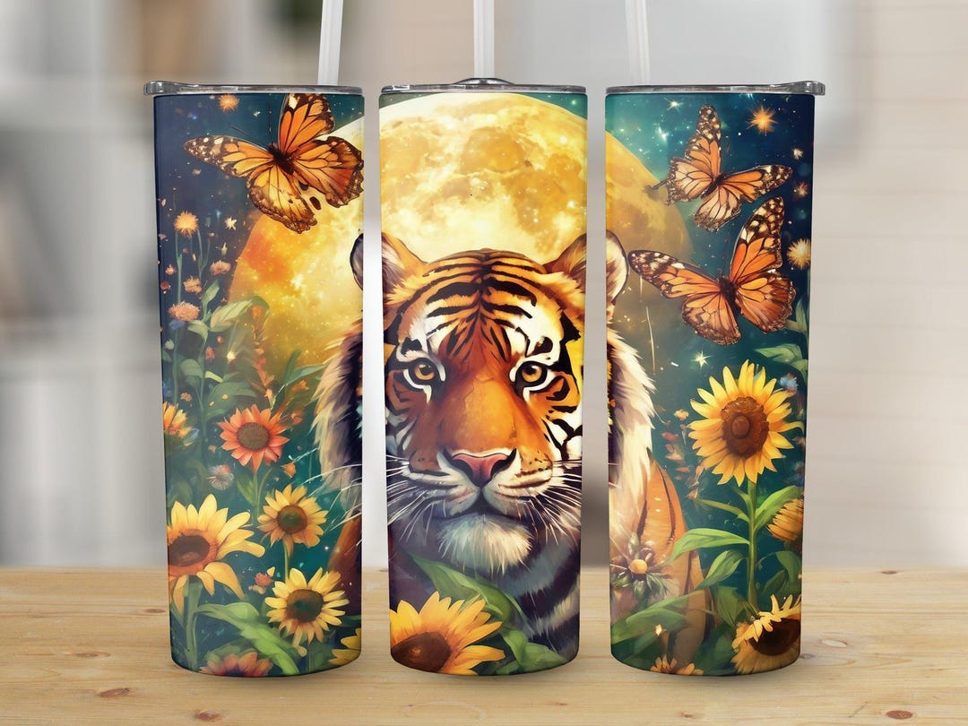 Tiger and Sunflowers Digital Art, Butterfly and Moon Illustration ...