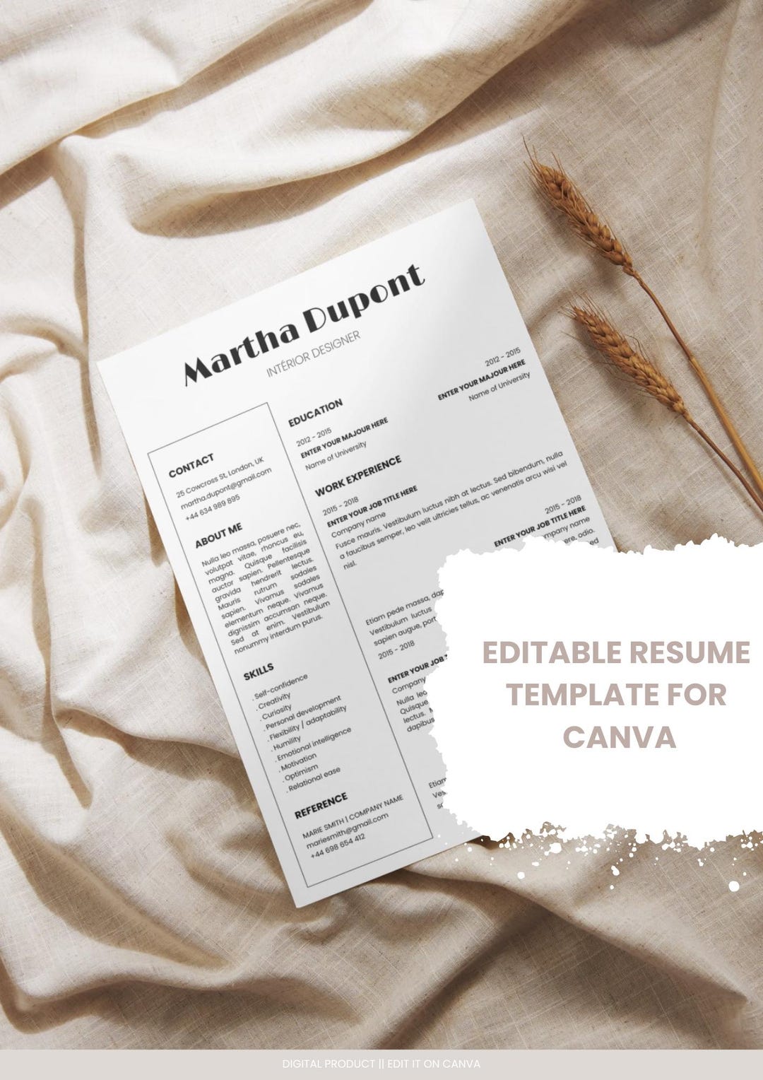 Resume Template Without Photo, Professional Resume Template for Canva ...