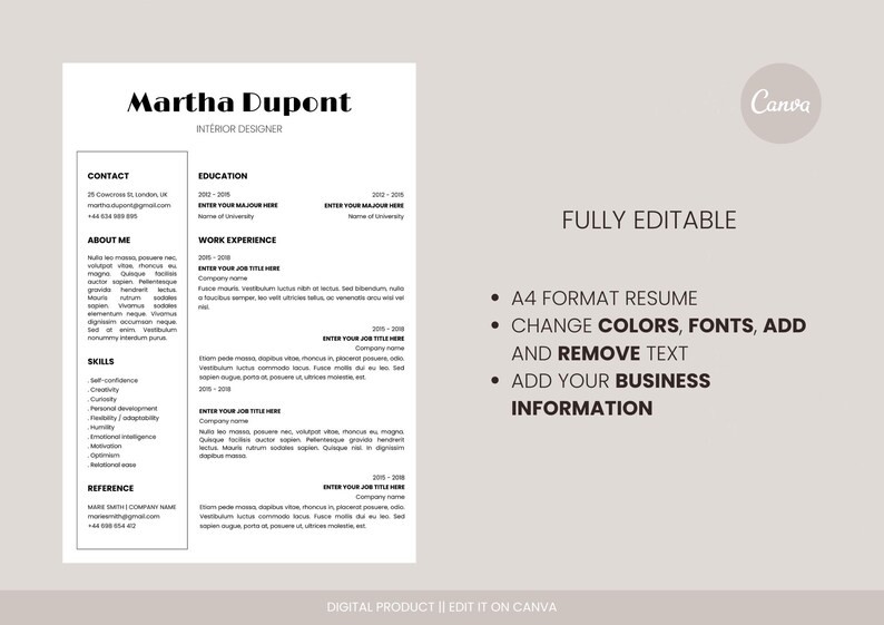 Resume Template Without Photo, Professional Resume Template for Canva ...