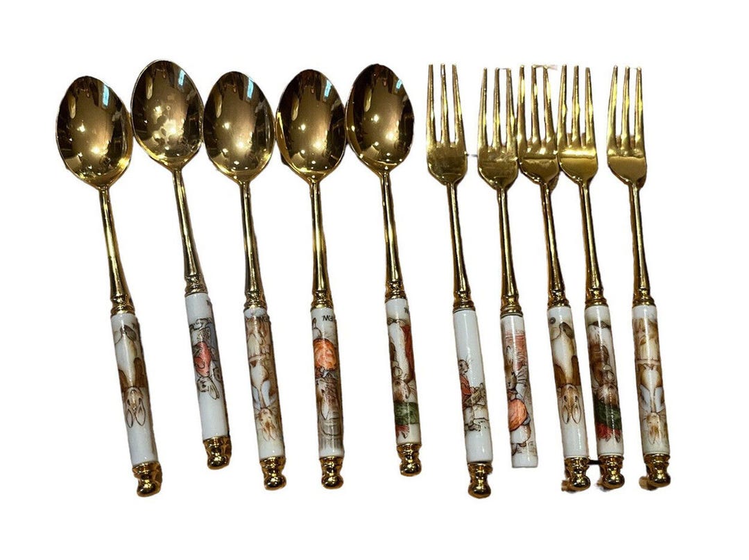 VTG Asahi Beatrix Potter Peter Rabbit Gold Spoons Forks 10 Pieces Warne ...