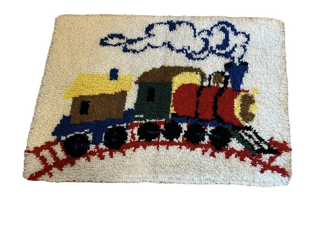 VTG Handmade 1970s Latch Hook Rug Train Engine Caboose Colorful Kids ...