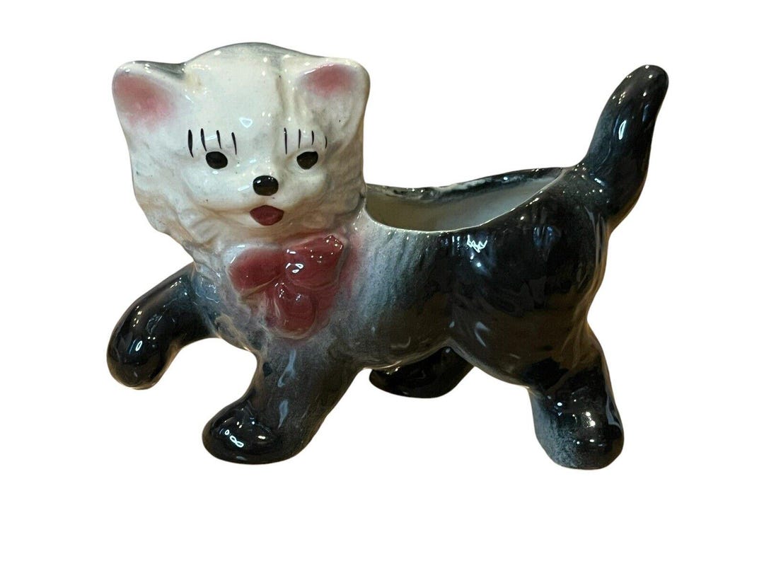 Vintage Shawnee Pottery Prancing CAT PLANTER Black & White With ...