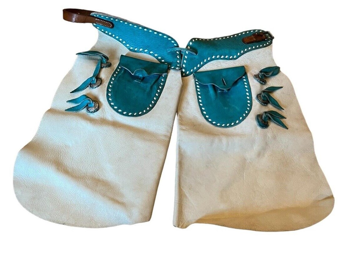 Vtg Leather Cowboy Chaps Child Kids Size Turquoise Blue White Concho ...