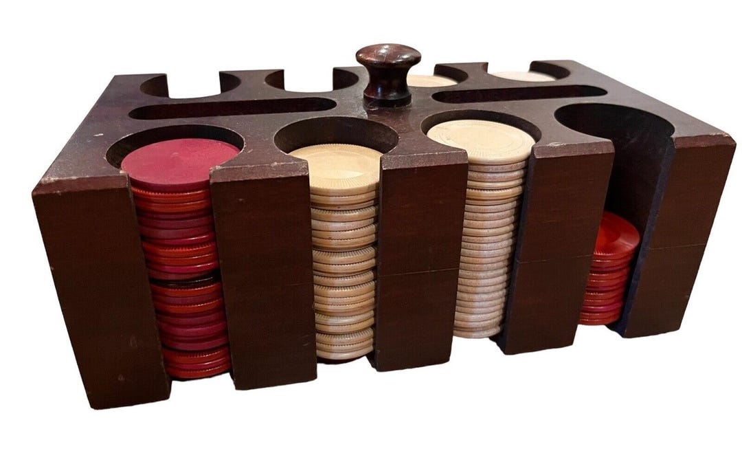 Vintage Poker Chip and Playing Card Wooden Holder Caddy With Knob Comes ...