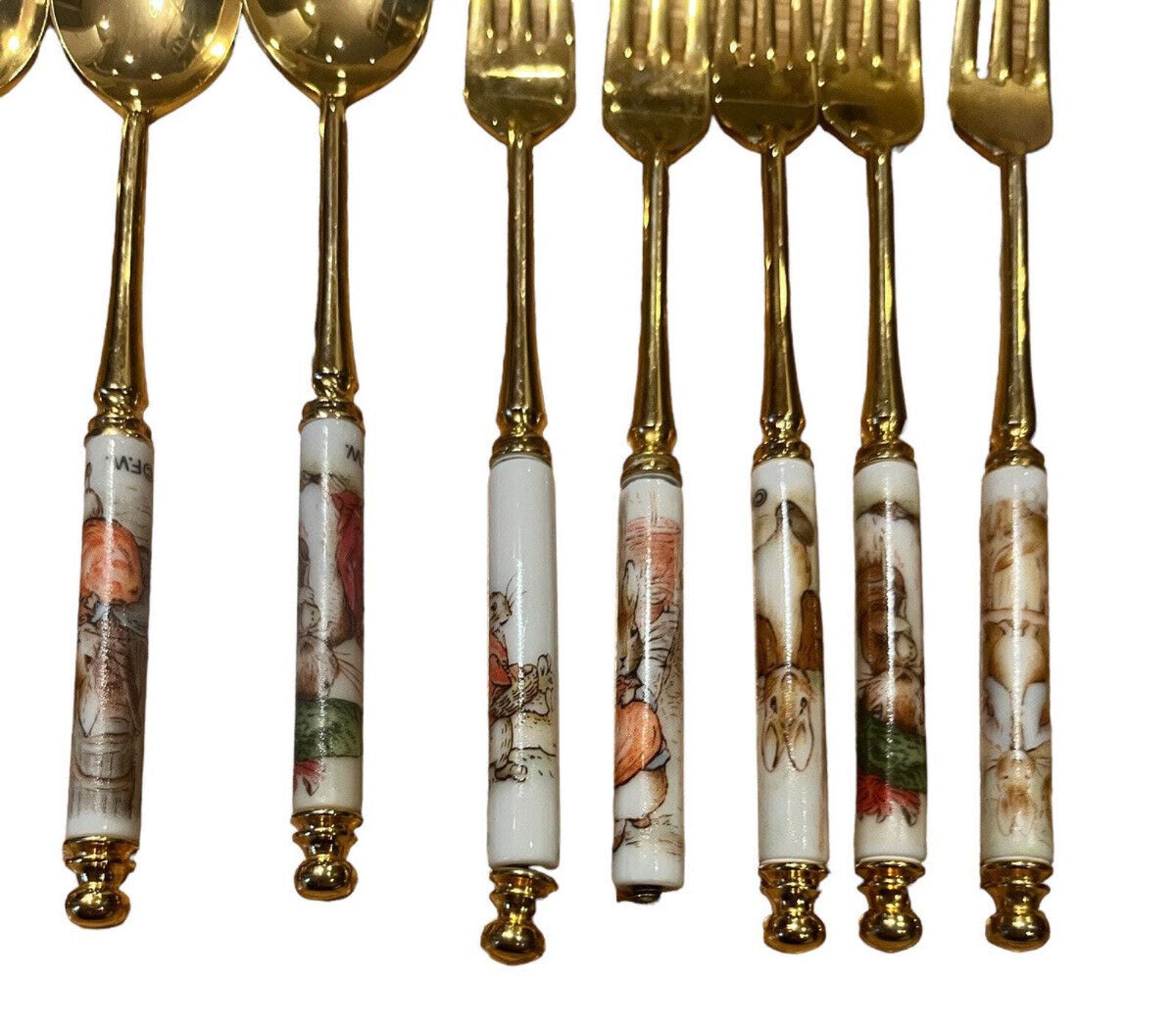 VTG Asahi Beatrix Potter Peter Rabbit Gold Spoons Forks 10 Pieces Warne ...
