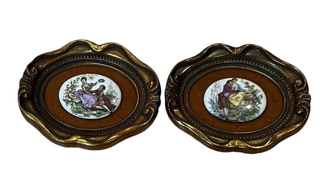 Vintage Pair of Framed Porcelain Hand Painted Signed Watteau Miniature ...