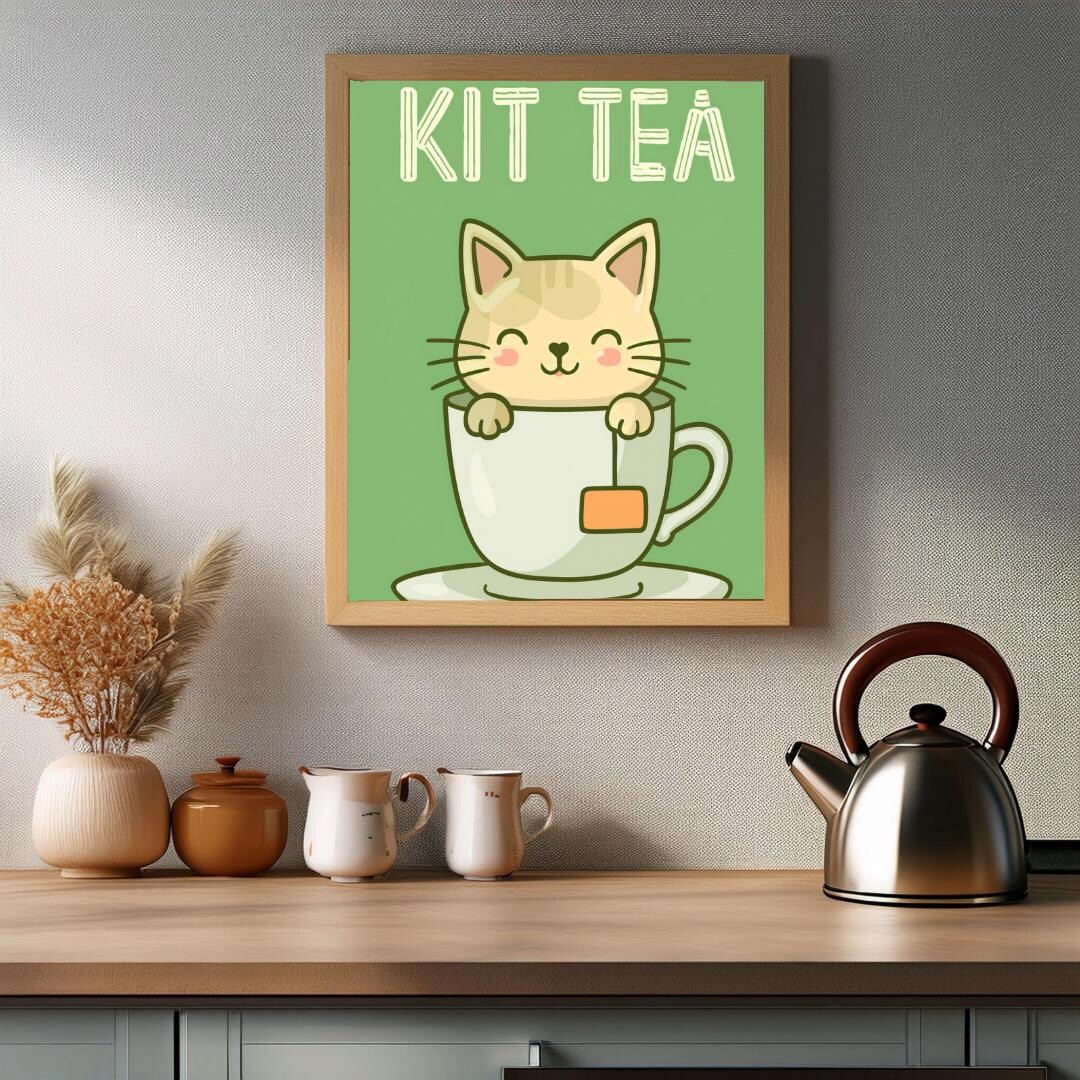 Kit Tea Kitten in Tea Cup Green Poster Wall Art Prints, Kitchen Cat ...