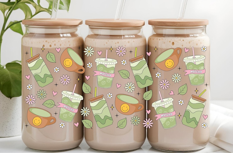 Matcha Bliss 16 OZ UVDTF Glass Cup | Handmade Glass Drinkware Cup for ...