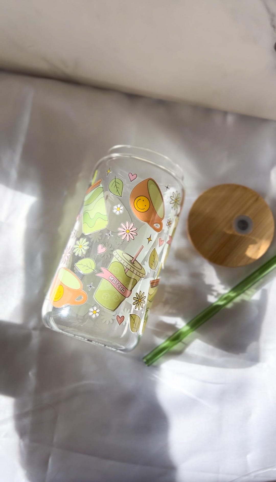 Matcha Bliss 16 OZ UVDTF Glass Cup | Handmade Glass Drinkware Cup for ...