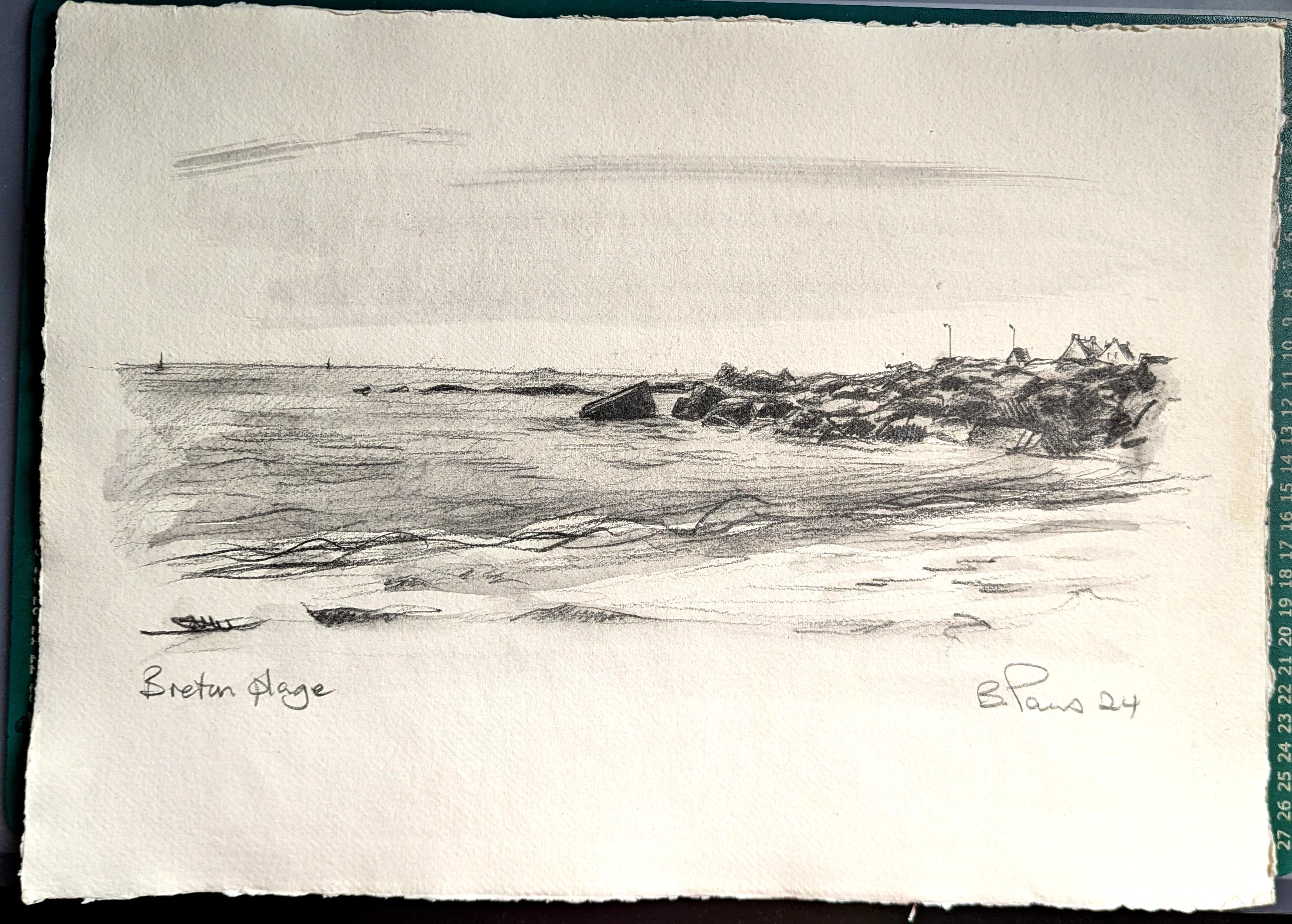 Brittany Beach Breton Plage Pencil Drawing on Hand Made Paper With a ...