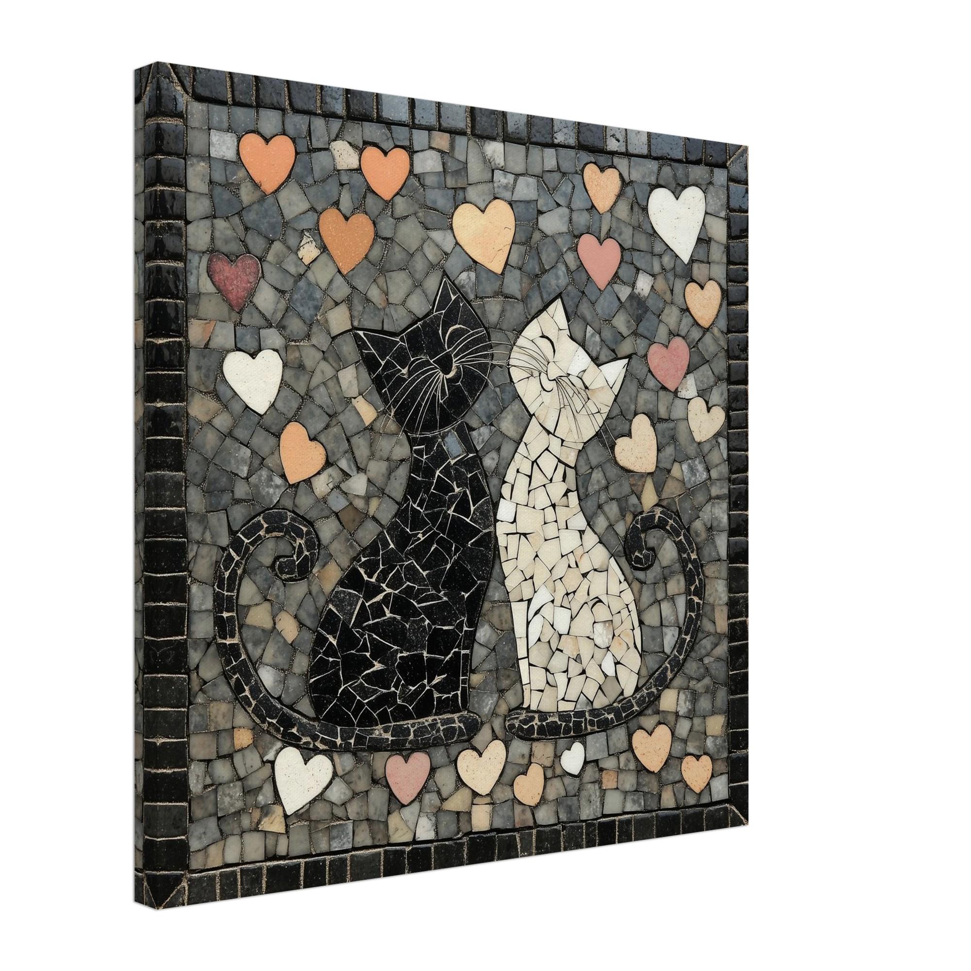 Affectionate Felines, Mosaic Artwork Canvas of Two Cats With Hearts ...