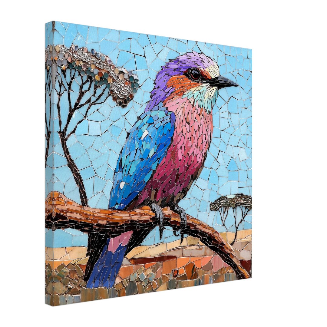 Lilac Roller Perch, Mosaic Artwork Canvas of a Colorful Bird, Mosaic ...