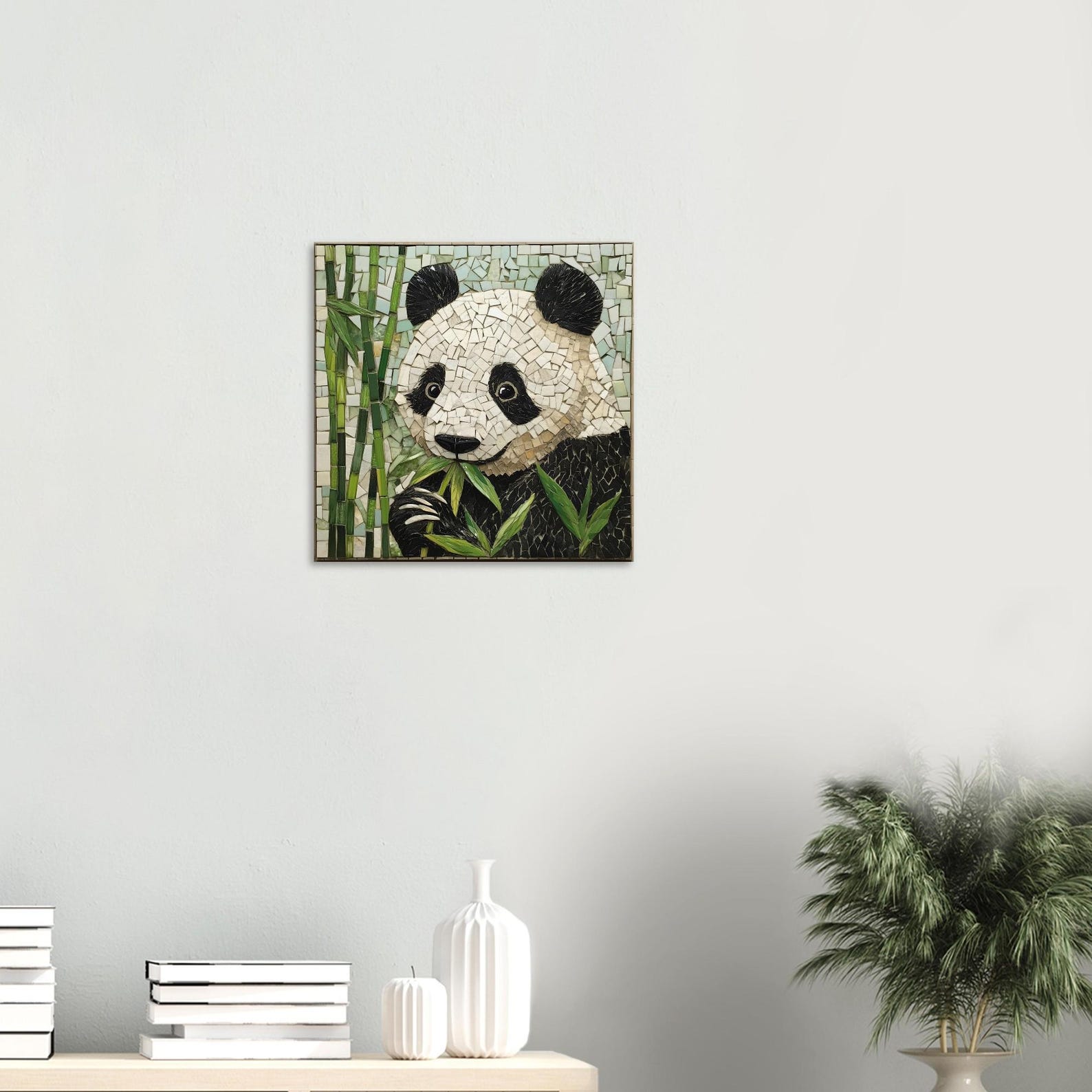 Gentle Panda Feast, Mosaic Artwork Canvas of a Panda Eating Bamboo ...