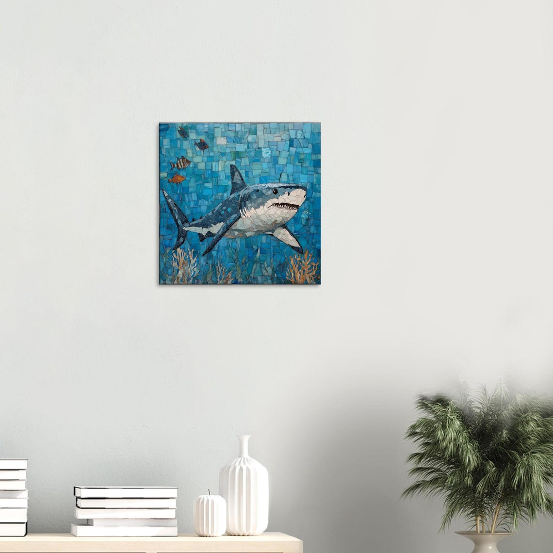 Ocean Hunter, Mosaic Artwork Canvas of a Shark, Mosaic Tile Art Print ...