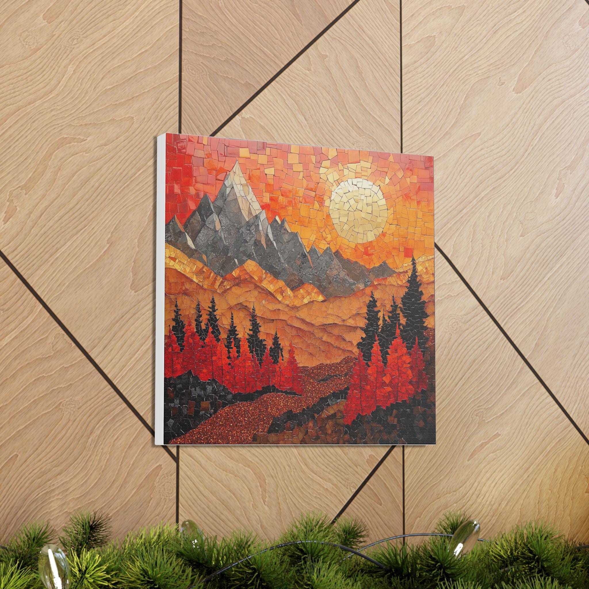 Fiery Mountain Sunset - Mosaic Artwork Canvas of a Majestic Mountain ...
