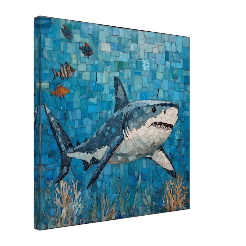 Ocean Hunter, Mosaic Artwork Canvas of a Shark, Mosaic Tile Art Print ...