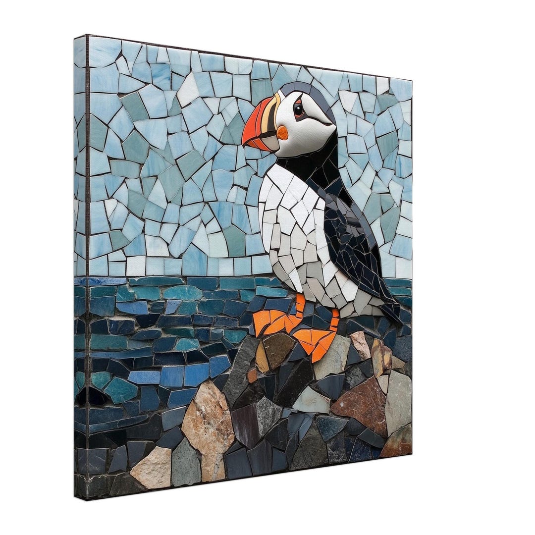 Charming Puffin Perch, Mosaic Artwork Canvas of a Seabird on Rocks ...